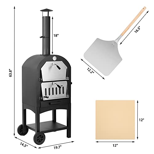 Xilingol Outdoor Pizza Oven, Wood Fired Pizza Oven for Outside, Large Pizza Ovens with 4 Steel Pizza Grills, 2 Removable Wheels, 12" Pizza Stone, Pizza Spatula, Waterproof Cover for Patio Backyard