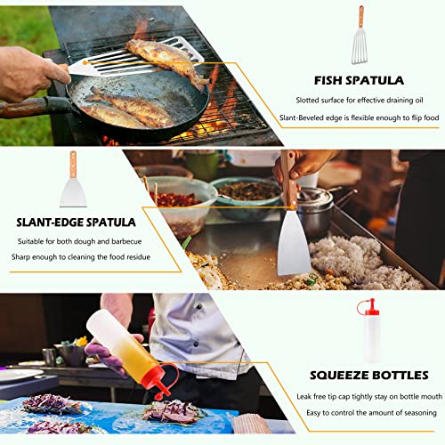 24Pcs Griddle Accessories Kit, HaSteeL Stainless Steel Spatula Tools for Teppanyaki Flat Top, Complete Metal Spatulas, Melting Domes, Burger Press for Outdoor BBQ Camping, Heavy Duty & Wooden Handle