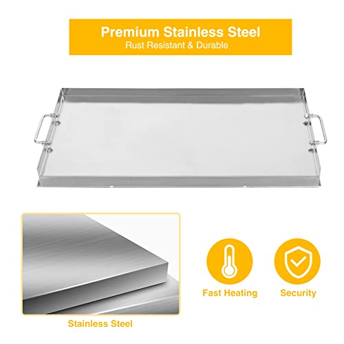 Lineslife Stainless Steel Rectangular Griddle, Flat Top Grill Plate for Stovetop with Removable Handles for BBQ Charcoal/Gas Grills, 26.8x16.5inches