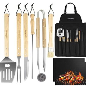 BBQ Grill Tools Set, Outerman 10Pcs Stainless Steel Grilling Tools Kit Gifts for Men & Women, Grilling Utensils Set with Long Oak Handle and Storage Apron for Outdoor Camping Backyard Barbecue