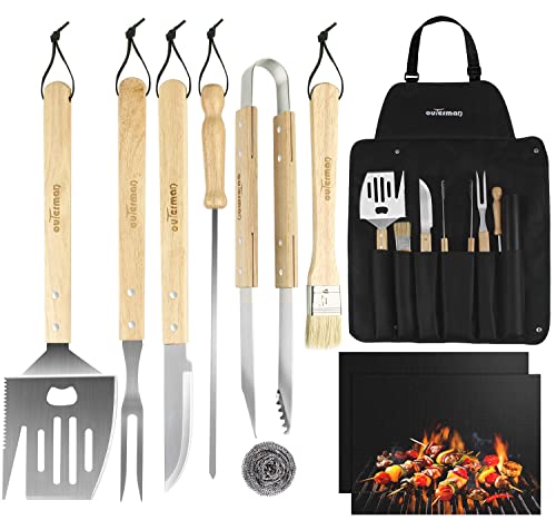 BBQ Grill Tools Set, Outerman 10Pcs Stainless Steel Grilling Tools Kit Gifts for Men & Women, Grilling Utensils Set with Long Oak Handle and Storage Apron for Outdoor Camping Backyard Barbecue