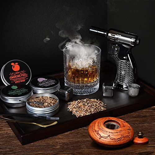 Old Fashioned Smoker Kit with Torch and 2 Ice Cubes,6 Flavors of Wood Smoker Chips with Exquisite Packaging- Cocktail Smoker Kit Whiskey Smoker kit Drink Smoker Kit Infuse Whiskey and Bourbon - Gift for Dad & Husband & Friend (No Butane)