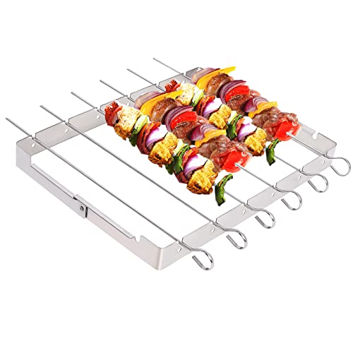 Barbecue Grill Rack and 6 Kebab Skewers, Stainless Steel Barbecue Rack BBQ Skewer Foldable BBQ Skewer Rack Set for Party Picnic