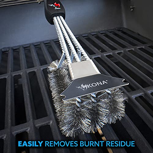 Kona Grill Brush and Scraper - 360 Straight Edge - Compatible with Weber and Pellet Grill Brands - BBQ Cleaner Fits All Grills, Stainless Steel, Cast Iron, Porcelain - Flex Grip Handle