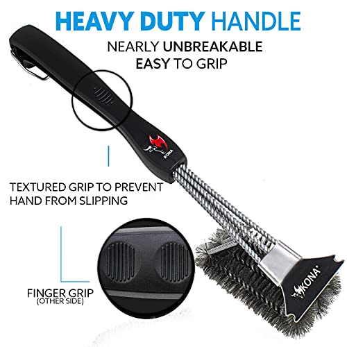 Kona Grill Brush and Scraper - 360 Straight Edge - Compatible with Weber and Pellet Grill Brands - BBQ Cleaner Fits All Grills, Stainless Steel, Cast Iron, Porcelain - Flex Grip Handle