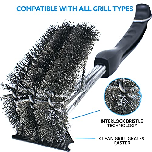 Kona Grill Brush and Scraper - 360 Straight Edge - Compatible with Weber and Pellet Grill Brands - BBQ Cleaner Fits All Grills, Stainless Steel, Cast Iron, Porcelain - Flex Grip Handle