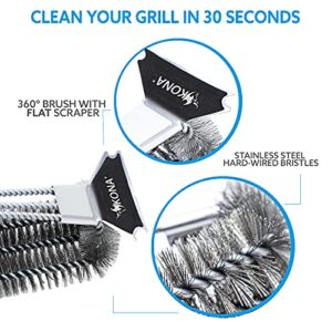 Kona Grill Brush and Scraper - 360 Straight Edge - Compatible with Weber and Pellet Grill Brands - BBQ Cleaner Fits All Grills, Stainless Steel, Cast Iron, Porcelain - Flex Grip Handle