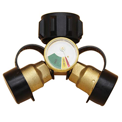 MENSI LP Proane Tank Cylinder 2 Way Tee Y Splitter Adapter with Level Indicator Gauge for Two Grills, Heaters