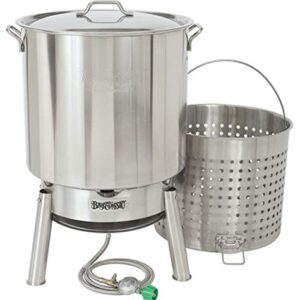 Bayou Classic Stainless Steel Boiler Cooker Kit Features 82-qt Stainless Boiler with Lid, Steam/Boil Basket with Helper Handle, Single Jet 106,000 BTU Burner, 10-psi Pre-Set Regulator and 60-in Hose