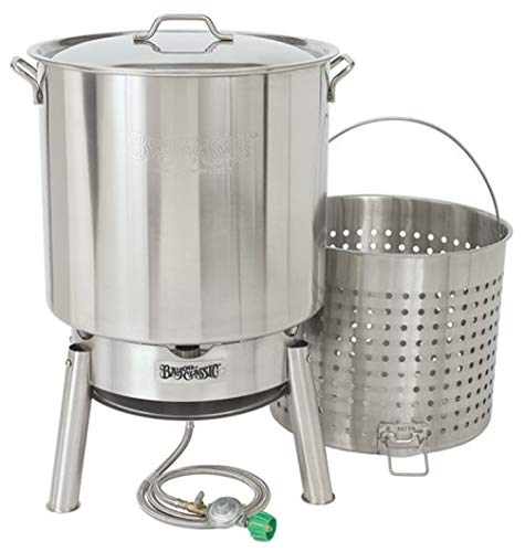 Bayou Classic Stainless Steel Boiler Cooker Kit Features 82-qt Stainless Boiler with Lid, Steam/Boil Basket with Helper Handle, Single Jet 106,000 BTU Burner, 10-psi Pre-Set Regulator and 60-in Hose