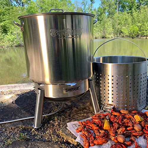 Bayou Classic Stainless Steel Boiler Cooker Kit Features 82-qt Stainless Boiler with Lid, Steam/Boil Basket with Helper Handle, Single Jet 106,000 BTU Burner, 10-psi Pre-Set Regulator and 60-in Hose