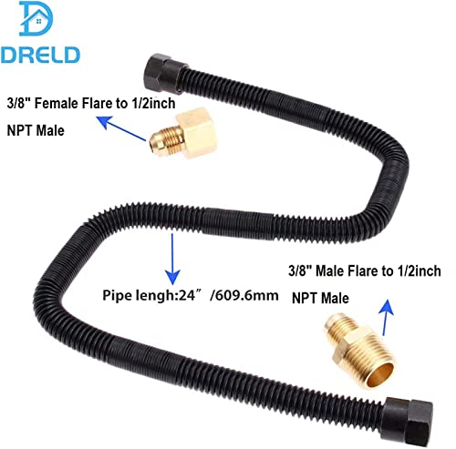 1/2" OD x 3/8" ID 24" Non-Whistle Flexible Flex Gas Line Connector Kit for NG or LP Fire Pit and Fireplace Hose - 1/2" Male Flare x 1/2" Male NPT Fitting End