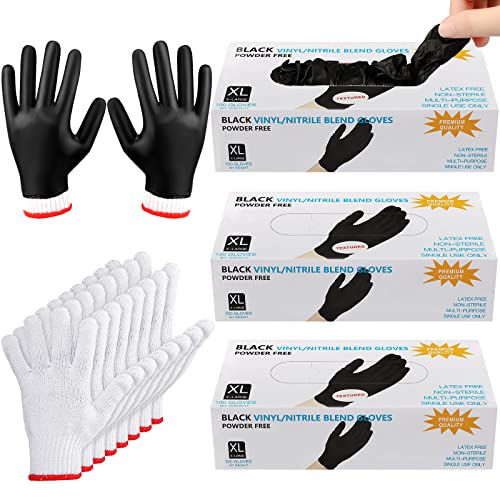 Janmercy 300 Pcs Disposable BBQ Gloves with 6 Pairs Cotton Liners Cooking Gloves Grilling Gloves Kit Reusable Glove Liners Black Latex Free Nitrile Gloves for Cooking Barbecue