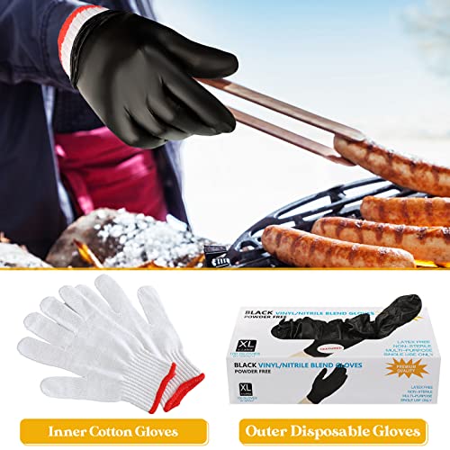 Janmercy 300 Pcs Disposable BBQ Gloves with 6 Pairs Cotton Liners Cooking Gloves Grilling Gloves Kit Reusable Glove Liners Black Latex Free Nitrile Gloves for Cooking Barbecue