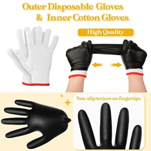 Janmercy 300 Pcs Disposable BBQ Gloves with 6 Pairs Cotton Liners Cooking Gloves Grilling Gloves Kit Reusable Glove Liners Black Latex Free Nitrile Gloves for Cooking Barbecue