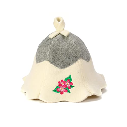 Natural Textile Sauna Hat 'Sauna Flower' White - 100% Organic Wool Felt Hats for Russian Banya - Protect Your Head from Heat - Sauna eBook Guide Included - with Embroidery