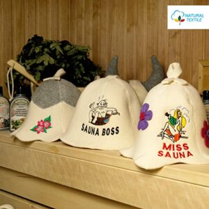 Natural Textile Sauna Hat 'Sauna Flower' White - 100% Organic Wool Felt Hats for Russian Banya - Protect Your Head from Heat - Sauna eBook Guide Included - with Embroidery