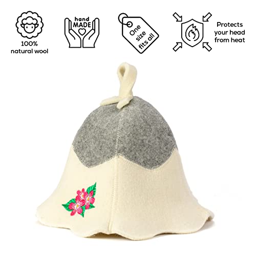 Natural Textile Sauna Hat 'Sauna Flower' White - 100% Organic Wool Felt Hats for Russian Banya - Protect Your Head from Heat - Sauna eBook Guide Included - with Embroidery