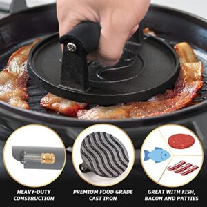 Smash Burger Press - Heavy Duty Hamburger Press w/Heat Resistant Handle - Cast Iron Grill Press, Bacon Press, Sandwich Press - Round Burger Smasher for Griddle - Meat Press - BBQ Grilling Accessories