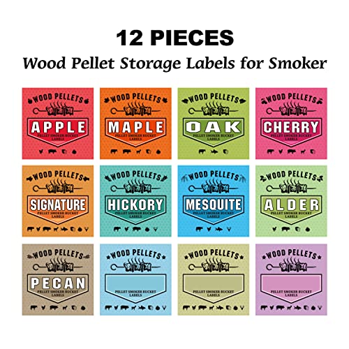 Smoker Grill Pellet Label Stickers, for Wood Pellet Storage Containers, Pasted on Pellet Storage Bucket for Easy Identification of Pellets of Different Flavors,Set of 12 Sticker Labels