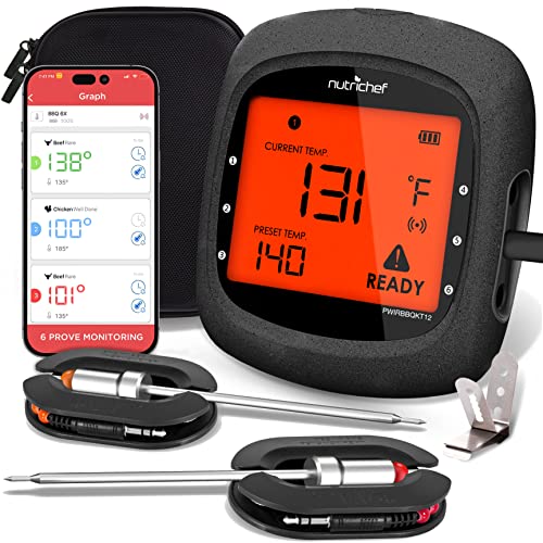 NutriChef Smart Bluetooth BBQ Thermometer with Travel Zip Case, Upgraded Stainless w/ 2 Temperature Probes, LCD Display, Done Alarm Android iPhone, Gas Charcoal BBQ Smoker Temp Monitoring