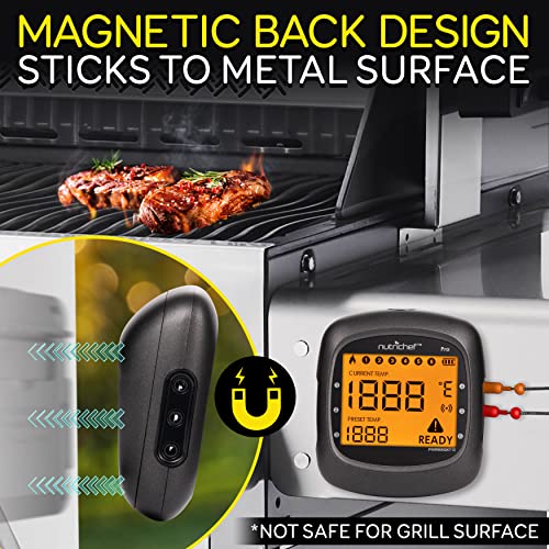 NutriChef Smart Bluetooth BBQ Thermometer with Travel Zip Case, Upgraded Stainless w/ 2 Temperature Probes, LCD Display, Done Alarm Android iPhone, Gas Charcoal BBQ Smoker Temp Monitoring