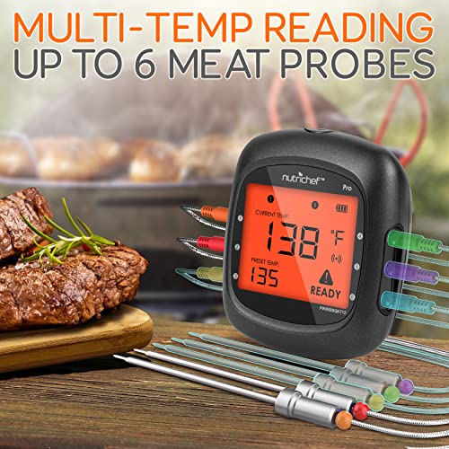 NutriChef Smart Bluetooth BBQ Thermometer with Travel Zip Case, Upgraded Stainless w/ 2 Temperature Probes, LCD Display, Done Alarm Android iPhone, Gas Charcoal BBQ Smoker Temp Monitoring