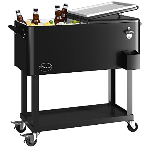 YITAHOME 80 Quart Rolling Cooler Cart with Bottle Opener Drainage, Portable Patio Cooler Rolling on Wheels, Outdoor Rolling Beverage Cart Drink Cooler for Patio Pool Deck Party BBQ Cookouts (Black)