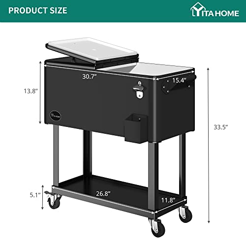 YITAHOME 80 Quart Rolling Cooler Cart with Bottle Opener Drainage, Portable Patio Cooler Rolling on Wheels, Outdoor Rolling Beverage Cart Drink Cooler for Patio Pool Deck Party BBQ Cookouts (Black)