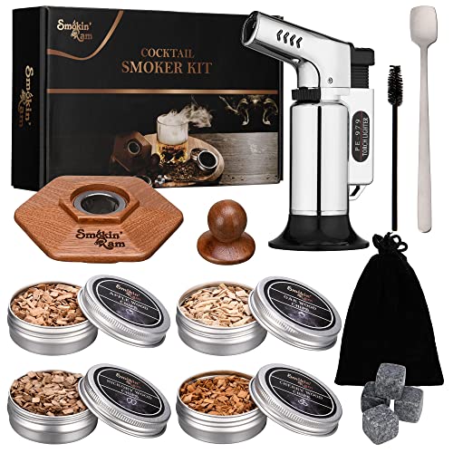 Smokin' Ram Cocktail Smoker Kit with torch - 4 Kinds of Wood Chips, Old Fashioned Whiskey Smoker Kit, 4 Stone Ice Cubes, Bourbon Gifts for Dad, Husband, Men, ebook Included (No Butane)