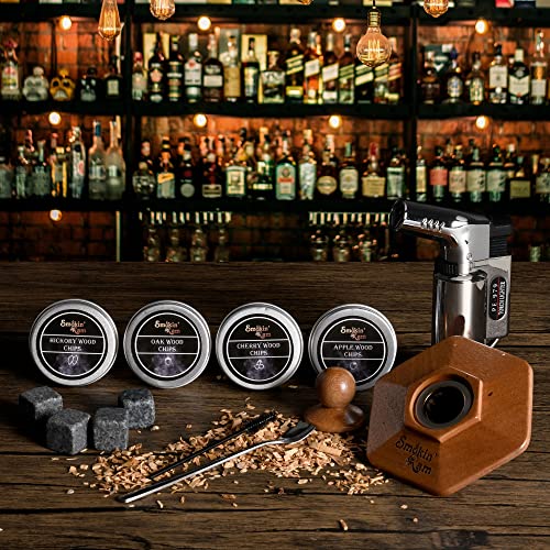 Smokin' Ram Cocktail Smoker Kit with torch - 4 Kinds of Wood Chips, Old Fashioned Whiskey Smoker Kit, 4 Stone Ice Cubes, Bourbon Gifts for Dad, Husband, Men, ebook Included (No Butane)