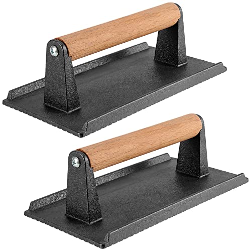 SINJEUN 2 Pack 8 x 4 Inch Cast Iron Steak Weight, Commercial Grade Bacon Press with Wooden Handle, Heavy Weight Grill Press Pre Seasoned Burger/Panini Weight Press for Grills, Pans, Griddles