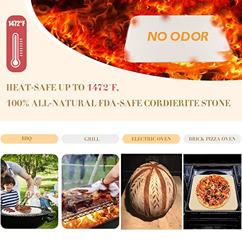 4 PCS Rectangle Pizza Stone Set, 15" Large Pizza Stone for Oven and Grill with Pizza Peel(OAK), Pizza Cutter & 10pcs Cooking Paper for Free, Baking Stone for Pizza, Bread