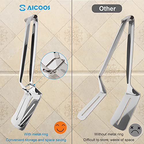 SAICOOS Double Sided Spatula,Tongs for cooking, 12 inch 1pack Stainless Steel,Increase the lock for easy storage Fishing turner, Tongs Clip for Fish Beefsteak Bread BBQ Meats Pizza Pies