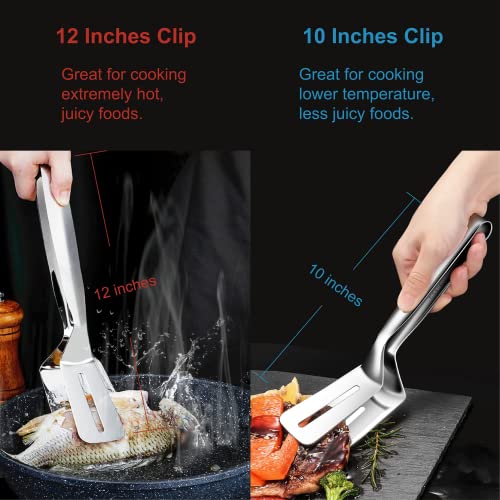 SAICOOS Double Sided Spatula,Tongs for cooking, 12 inch 1pack Stainless Steel,Increase the lock for easy storage Fishing turner, Tongs Clip for Fish Beefsteak Bread BBQ Meats Pizza Pies