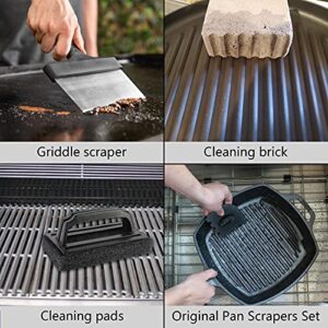 Griddle Cleaning Kit 8 Pcs, Grill Accessories Cleaner Tool Set-1 Stainless Steel 6" Scraper, 2 Scouring Pads,1 Scouring Pads with Handle, 2 Cleaning Bricks, 1 Pan Scraper