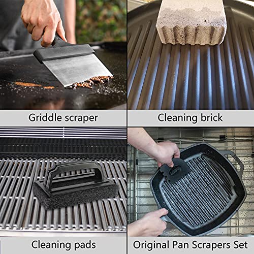 Griddle Cleaning Kit 8 Pcs, Grill Accessories Cleaner Tool Set-1 Stainless Steel 6" Scraper, 2 Scouring Pads,1 Scouring Pads with Handle, 2 Cleaning Bricks, 1 Pan Scraper