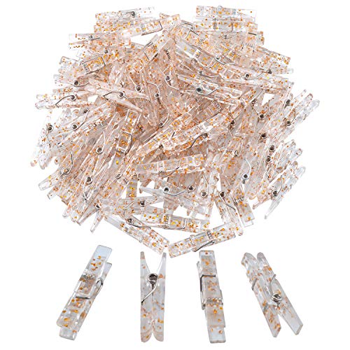 Mini Clothespins, 100 Pieces Clear Plastic Rose Gold Glittered Utility Paper Clip, Photo Paper Peg Pin, Clothes Line Clips, Craft Clips, 3.5 x 0.5cm x 0.7cm