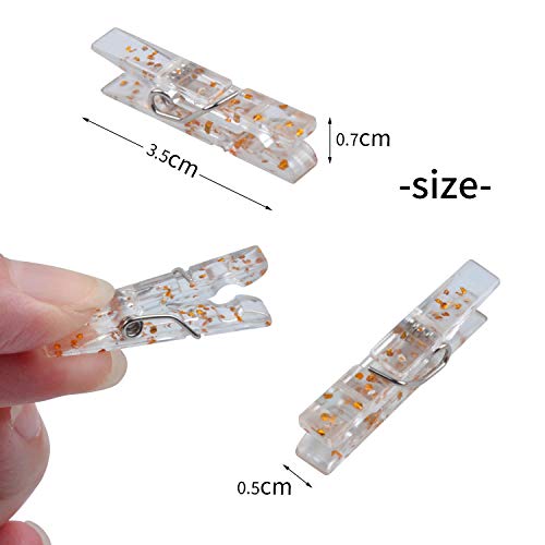 Mini Clothespins, 100 Pieces Clear Plastic Rose Gold Glittered Utility Paper Clip, Photo Paper Peg Pin, Clothes Line Clips, Craft Clips, 3.5 x 0.5cm x 0.7cm