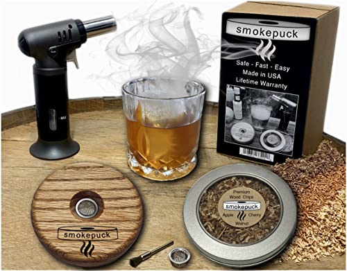 Smokepuck Cocktail Smoker Kit with Apple+Cherry+Walnut Wood Chips - Made in USA - Safe, Fast, Easy Create Smoked Old Fashioned - Great Whiskey & Bourbon Gift - Includes XL Premium Torch - NO Butane