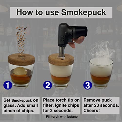 Smokepuck Cocktail Smoker Kit with Apple+Cherry+Walnut Wood Chips - Made in USA - Safe, Fast, Easy Create Smoked Old Fashioned - Great Whiskey & Bourbon Gift - Includes XL Premium Torch - NO Butane