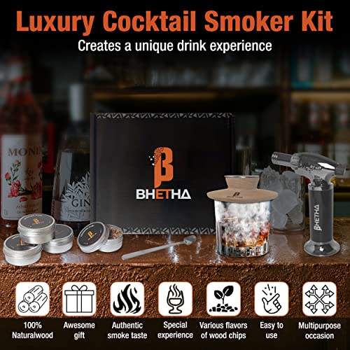 BHETHA-Cocktail Smoker Kit with Torch, 4 tasty Wood Chips Flavors (Apple, Walnut, Cherry, Oak) for Bourbon & Whiskey- Bar accessories for old fashion cocktails. Gifts for Men, Husband, Dad (No Butane)