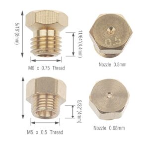 Timsec 20Pcs Brass Jet Nozzles, M6 x 0.75mm and M5 x 0.5mm Thread, 0.5mm and 0.68mm Nozzle Hole, DIY Burner Parts for Range, Stove, Oven Conversion Kit, Propane LPG Natural Gas Pipe Water Heater