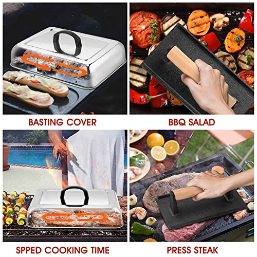 13 x 9.75In Melting Dome & 8 x 4In Burger Press, HaSteeL Rectangular Basting Steam Cover with Bacon Press, Metal Griddle Accessories for Flat Top Teppanyaki Hibachi Grilling Cooking BBQ, Easy to Clean