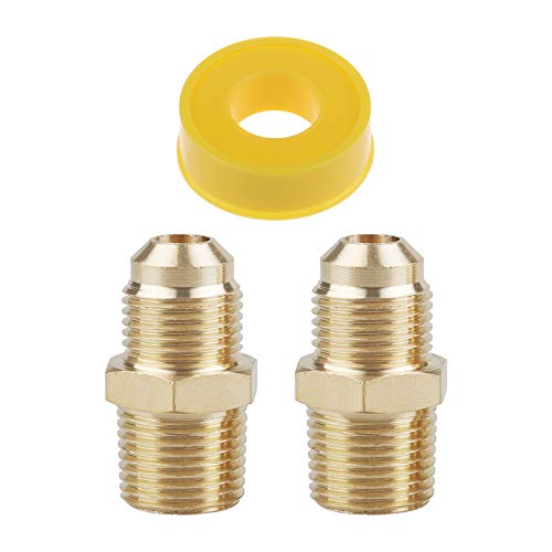 Timsec 2Pcs Brass Propane Fitting Set with PTFE Gas Line Tape - 3/8" Flare to 3/8" NPT Adapter for BBQ, Heater, Fireplace, RV Trailer