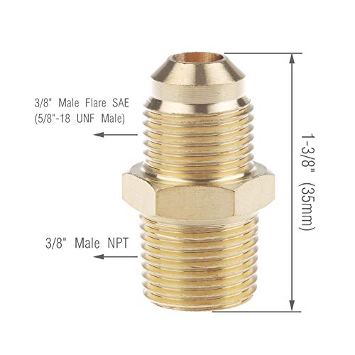 Timsec 2Pcs Brass Propane Fitting Set with PTFE Gas Line Tape - 3/8" Flare to 3/8" NPT Adapter for BBQ, Heater, Fireplace, RV Trailer