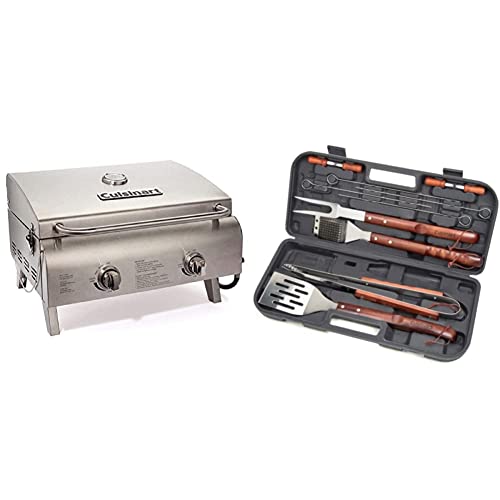 Cuisinart CGG-306 Chef's Style Portable Propane Tabletop 20,000, Professional Gas Grill, Two 10,000 BTU Burners, Stainless Steel & CGS-W13 Wooden Handle Tool Set (13-Piece), Black