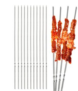 20 piece kebab flat metal stainless steel skewers, bbq skewers, reusable bbq skewers, good for sausage chicken vegetable kebab – 14″ (stainless steel)