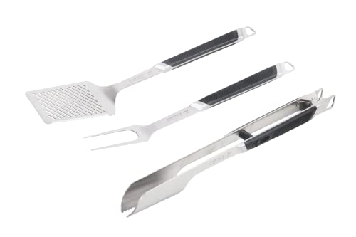 Everdure by Heston Blumenthal Premium Pack of 3 BBQ Tool Kit: Brushed Stainless Steel Tongs, Spatula and Fork with Soft Grip Handles and Hang Zone