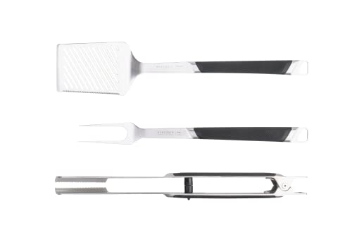 Everdure by Heston Blumenthal Premium Pack of 3 BBQ Tool Kit: Brushed Stainless Steel Tongs, Spatula and Fork with Soft Grip Handles and Hang Zone